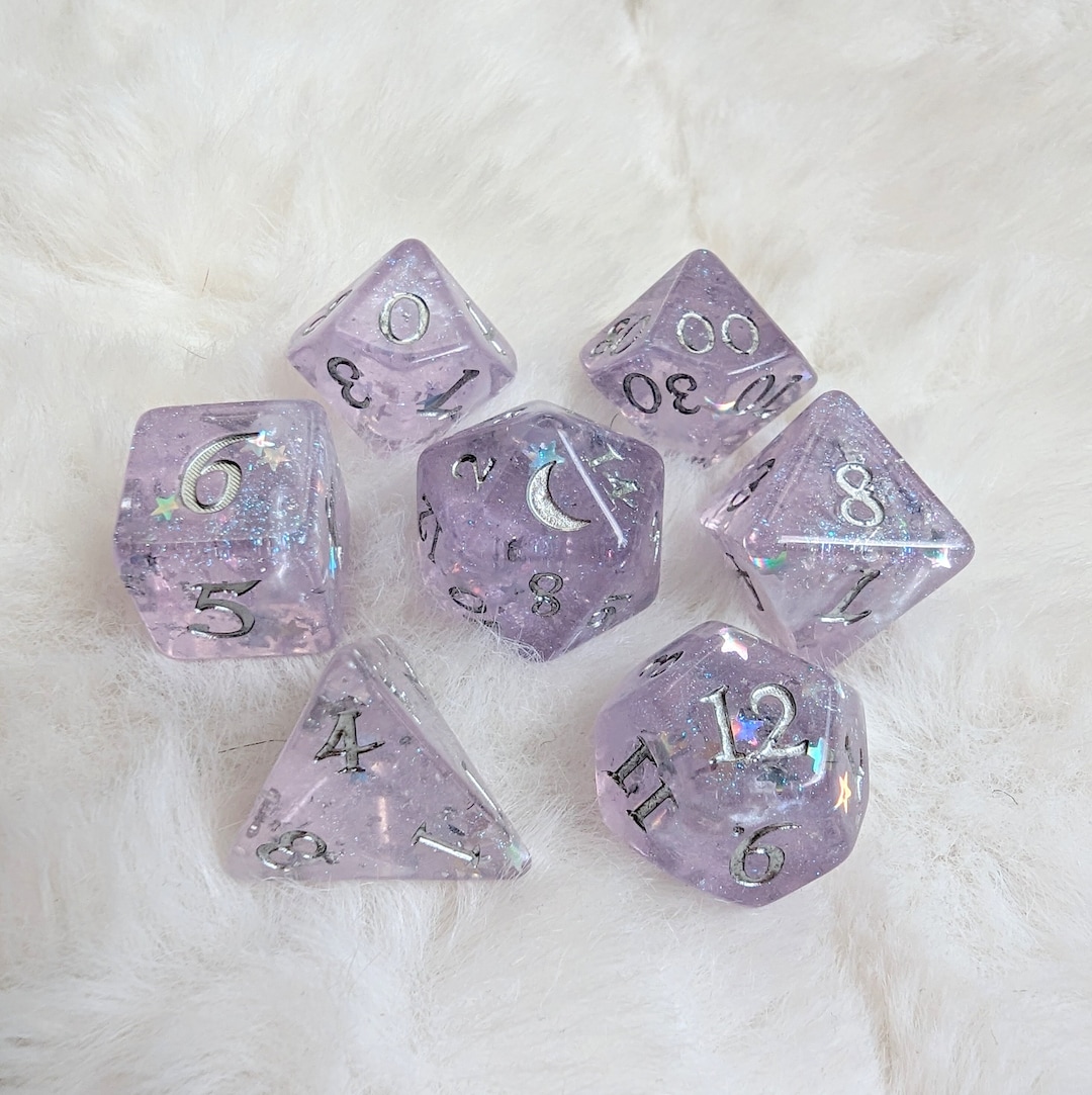 Moonbeam 7 Piece Dnd Dice Set Lavender Silver Crescent Polyhedral Dice ...