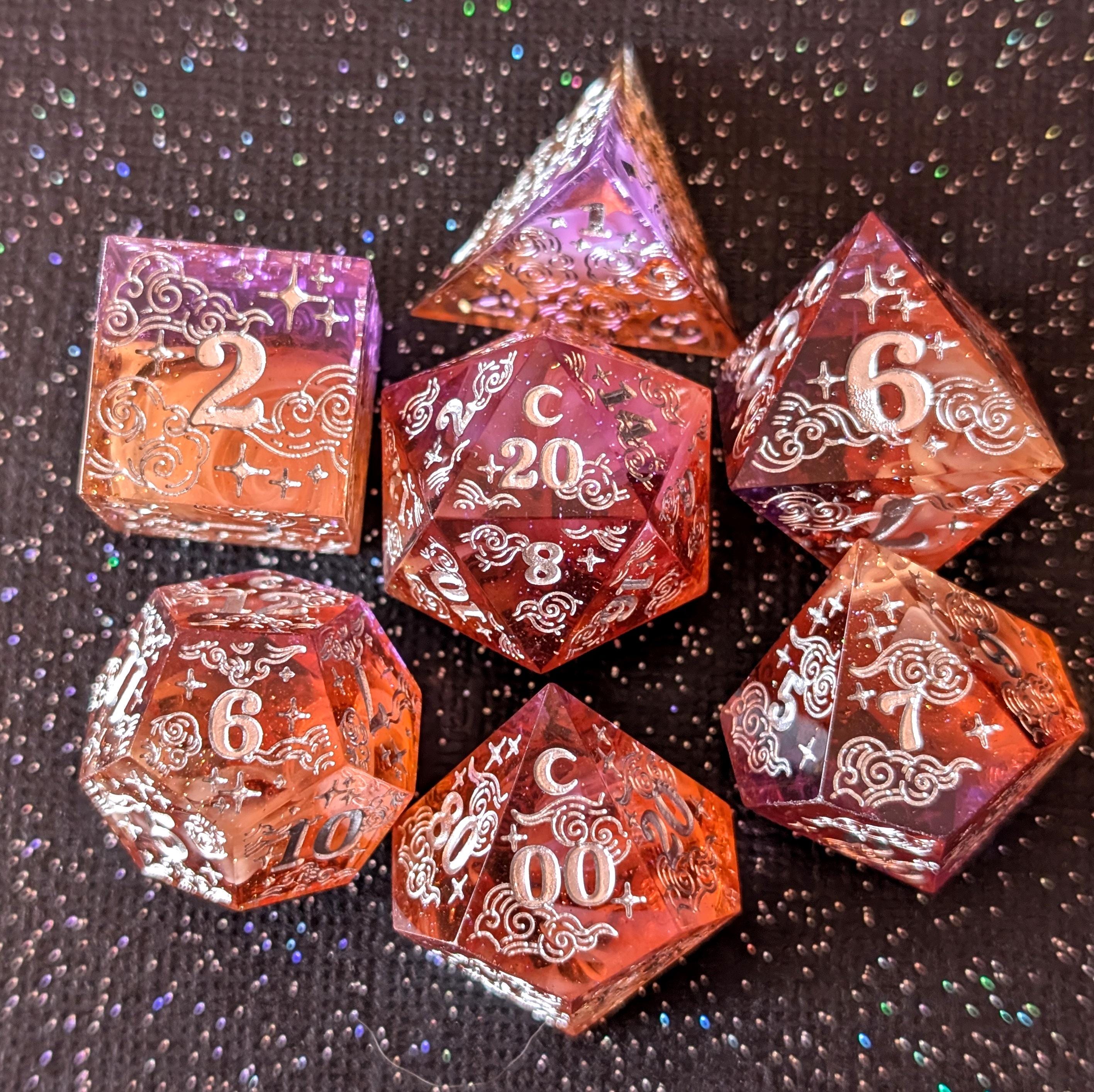 Sharp Edge Resin Dnd Dice 8 Piece Set: Dreamy Sunset Bloom Glitter ...