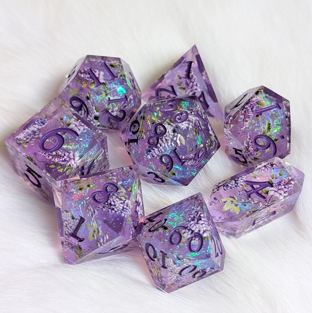 Wisteria Garden Dice Set - Sharp Edge Resin Dnd Dice With Bonus Crystal ...