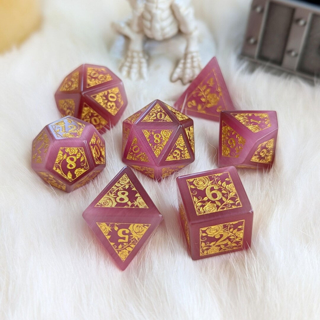 Rose Cat’s Eye Rose Vine Glass Dice Set, D&D Dice, Dungeons and Dragons ...