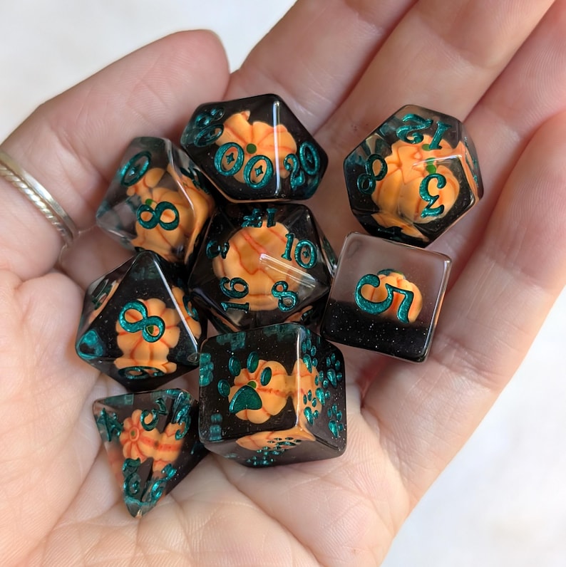 Dnd Dice Set Pumpkin Inclusion Black and Green Polyhedral Dice for ...