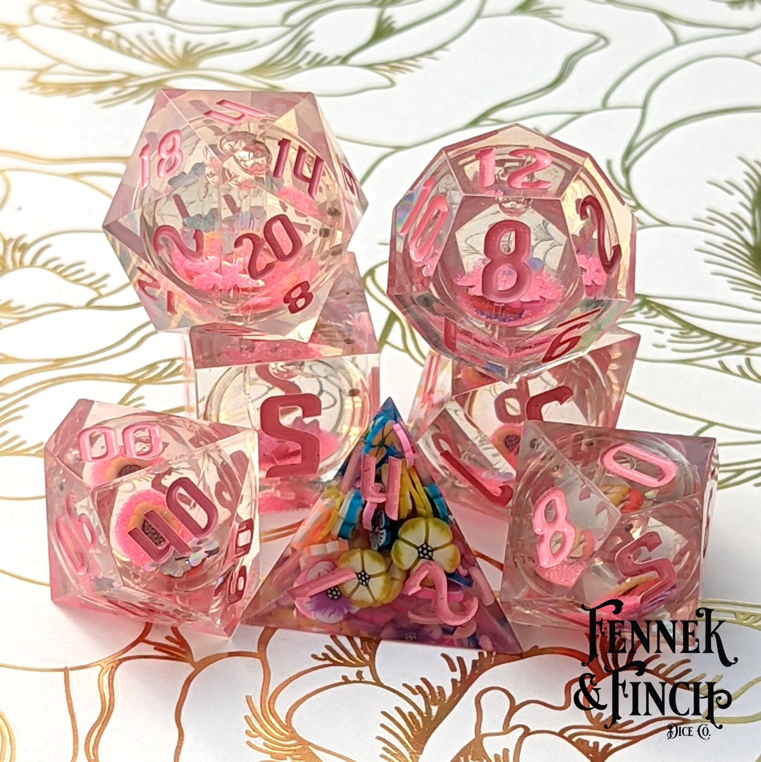 Liquid Core Sharp Edge Polyhedral Dnd Dice Set - Falling Blossom, RPG ...