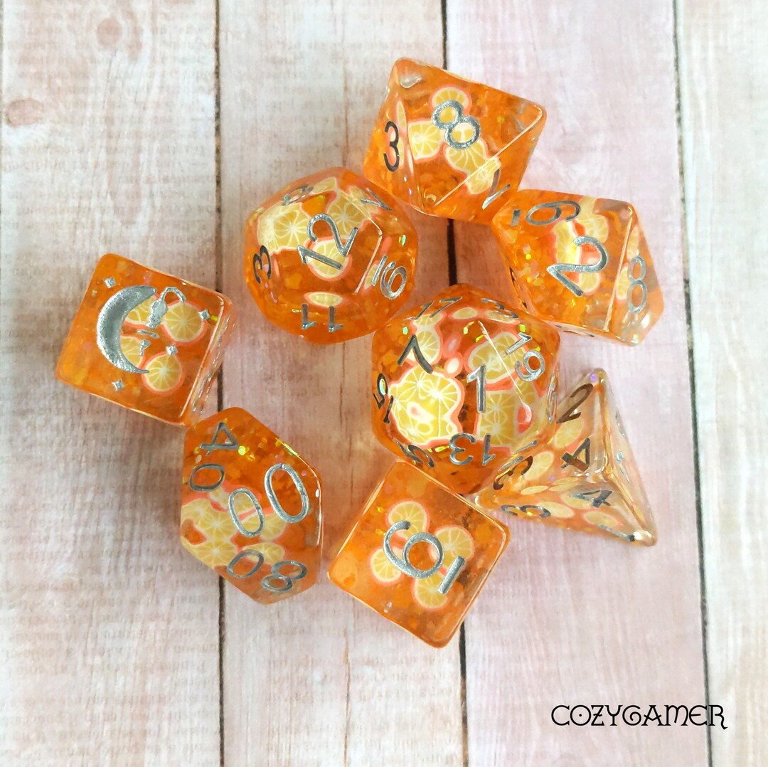 Orange Fruit Slice Dice Set - Glitter Resin, Polyhedral Dice, Fruit ...