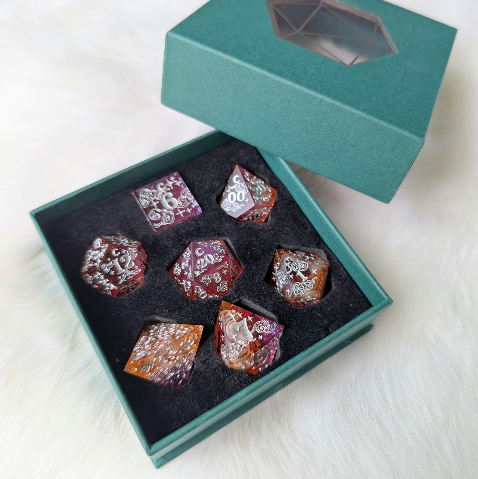Sharp Edge Resin Dnd Dice 8 Piece Set: Dreamy Sunset Bloom Glitter ...