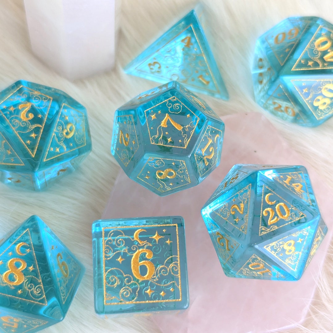 Dreamy Blue Glass Dice Set | Celestial Dnd Dice With Gold Clouds, Moons ...