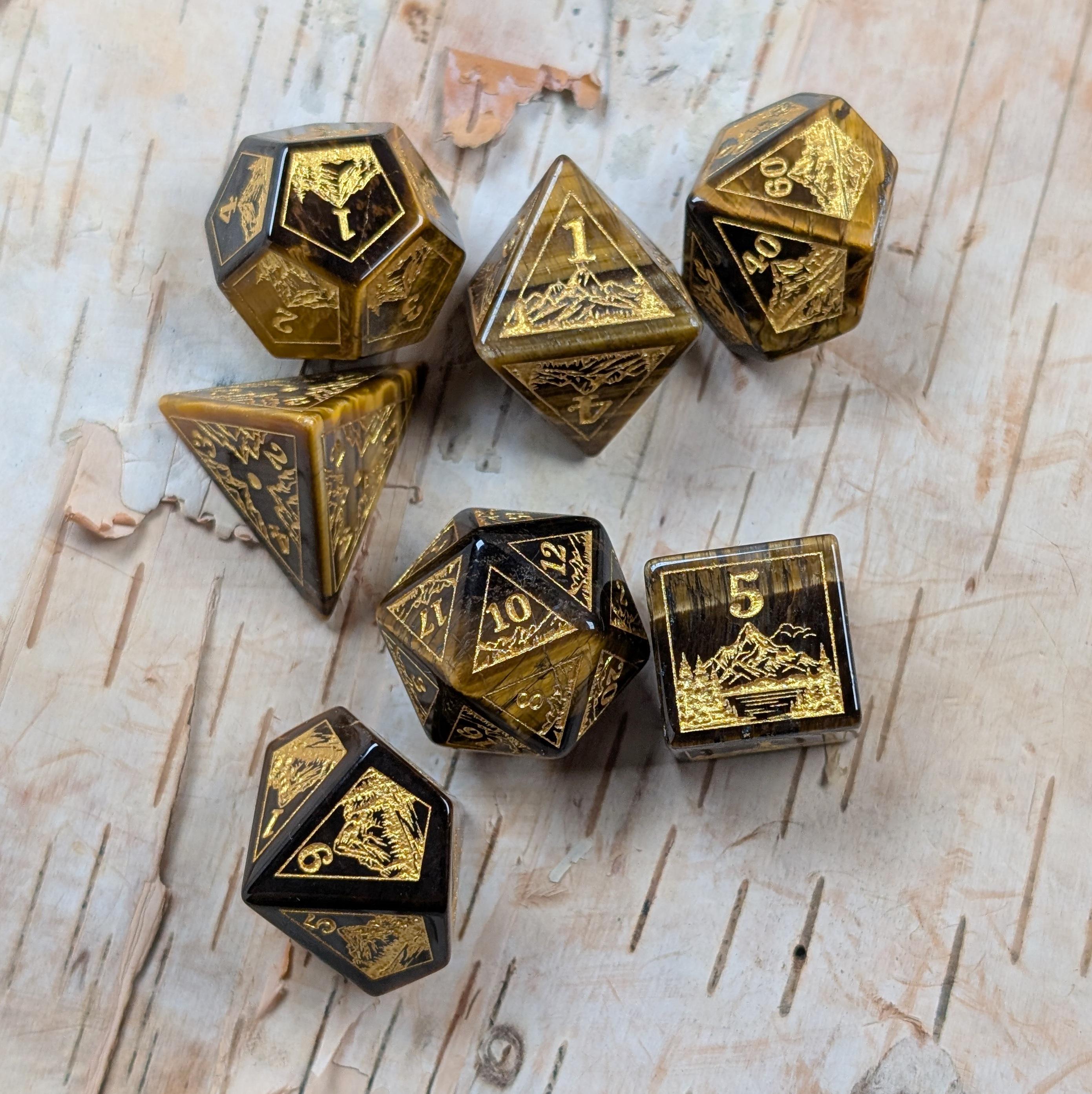 Everwild Tiger Eye Gemstone Dice Set - Forest Etched, Gemstone D&D Dice ...