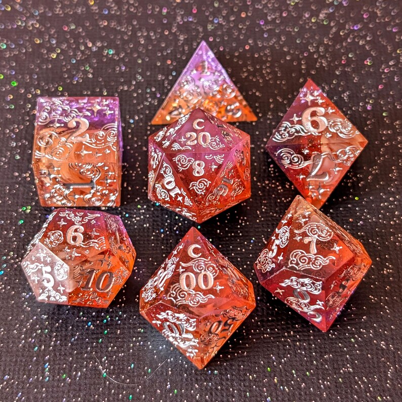 Sharp Edge Resin Dnd Dice 8 Piece Set: Dreamy Sunset Bloom Glitter ...
