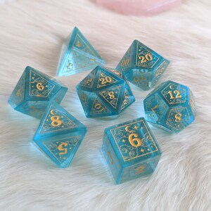 Dreamy Blue Glass Dice Set | Celestial Dnd Dice With Gold Clouds, Moons ...