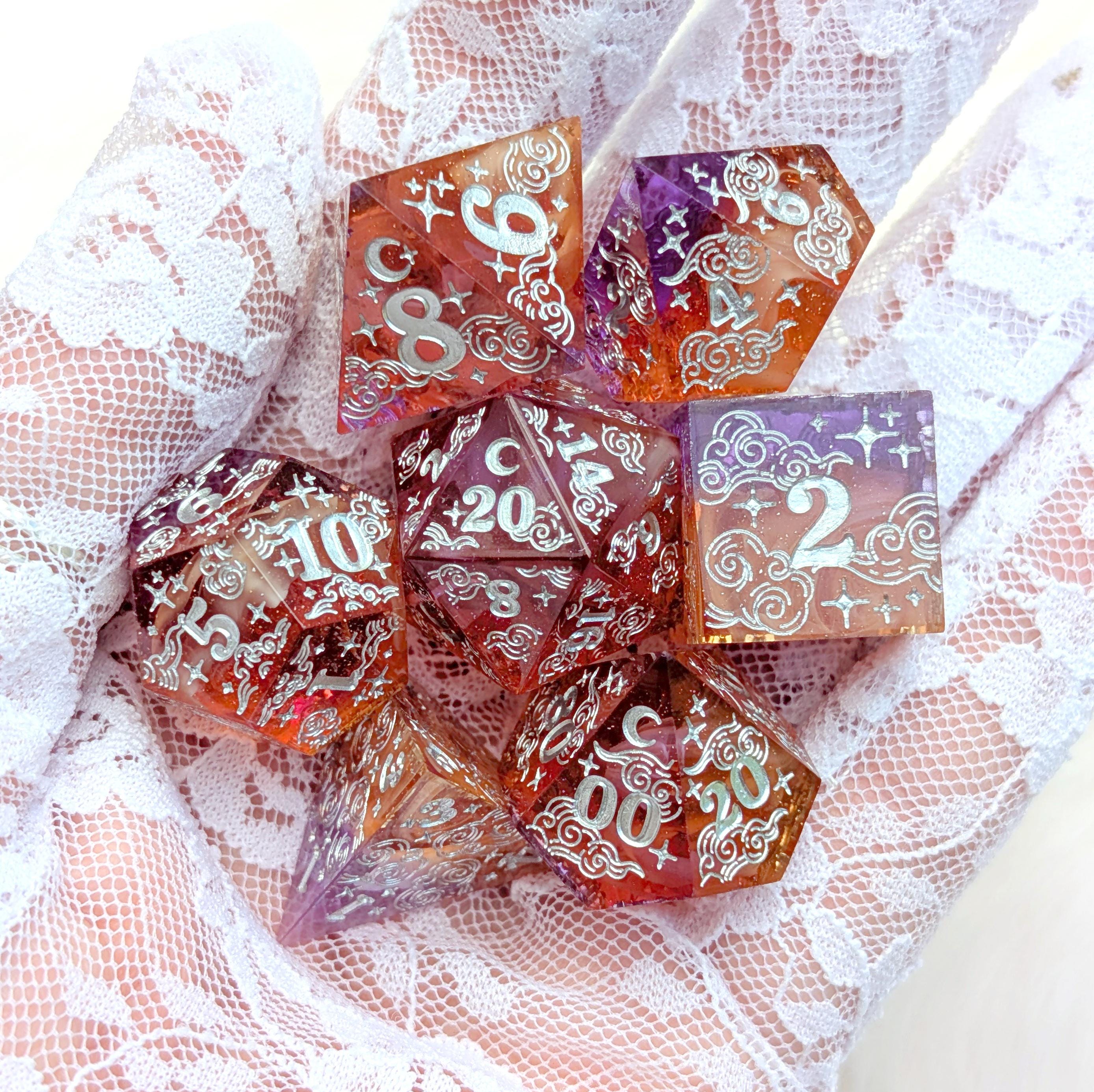 Sharp Edge Resin Dnd Dice 8 Piece Set: Dreamy Sunset Bloom Glitter ...