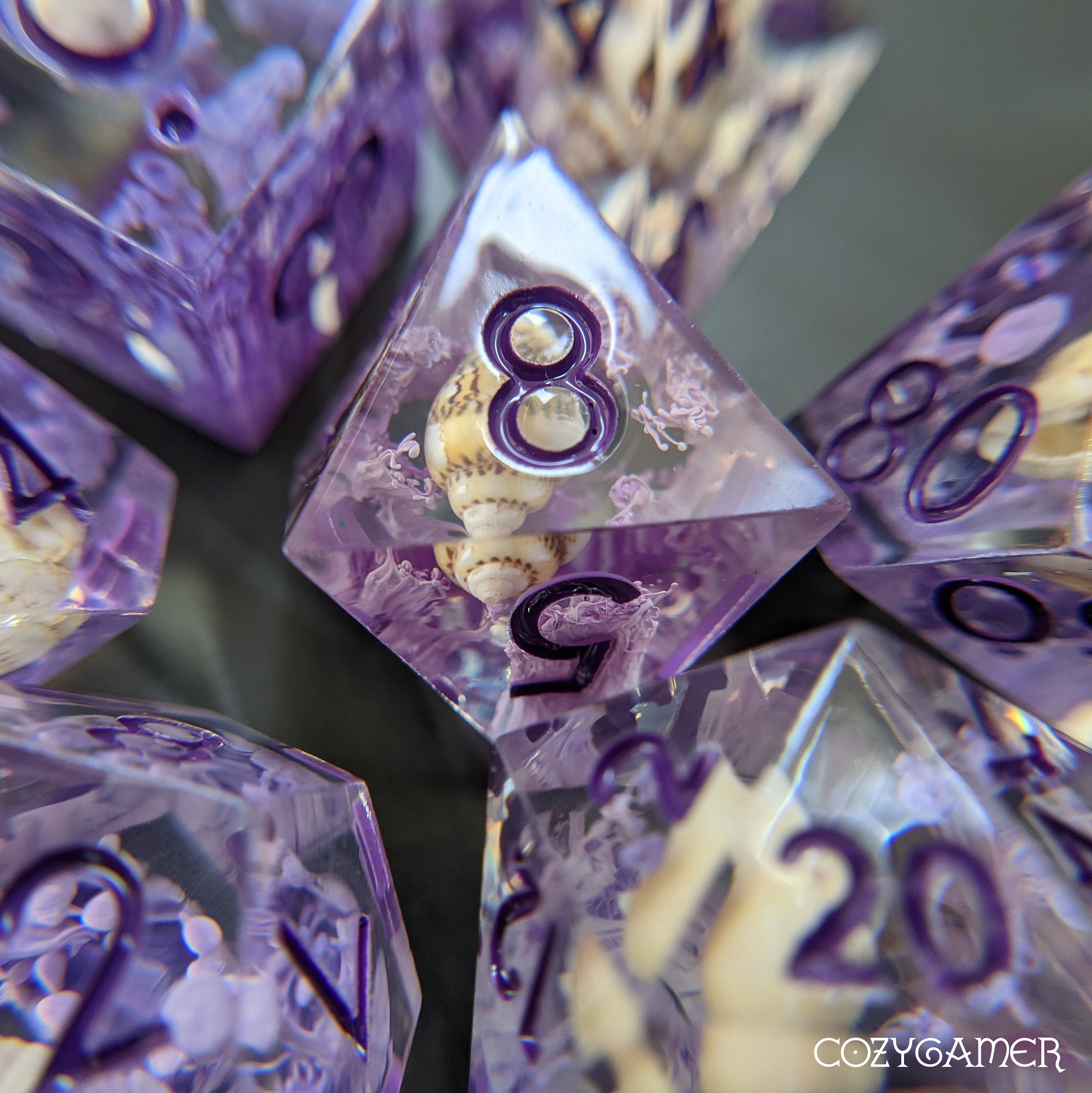 Sharp Edge Dnd Dice Set With Sea Shell Inclusions. Purple Conch Shell ...