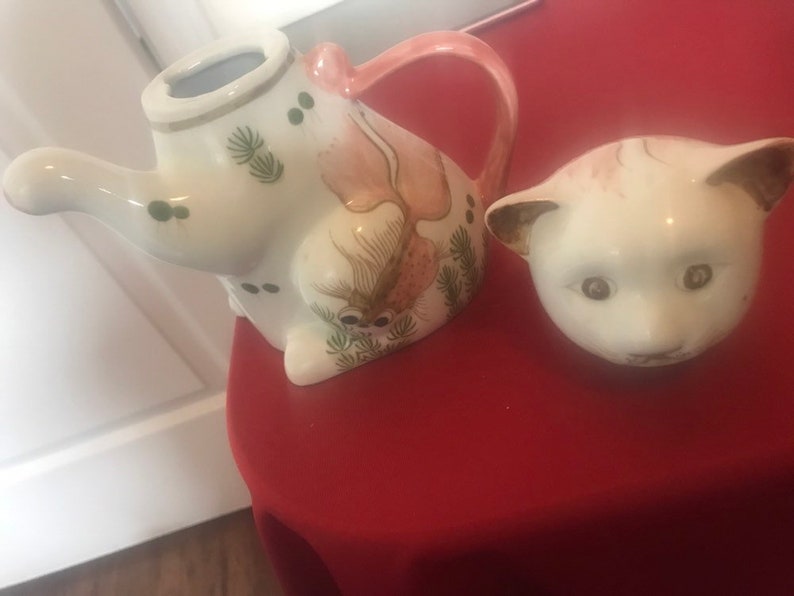 Cat teapot really excellent condition white and coral and | Etsy