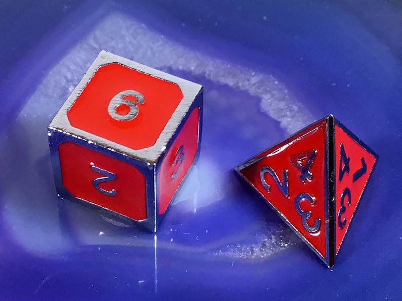 D&D Silver and Red METAL Dice 7 Piece Set Bag d20 d12 d10 d% | Etsy