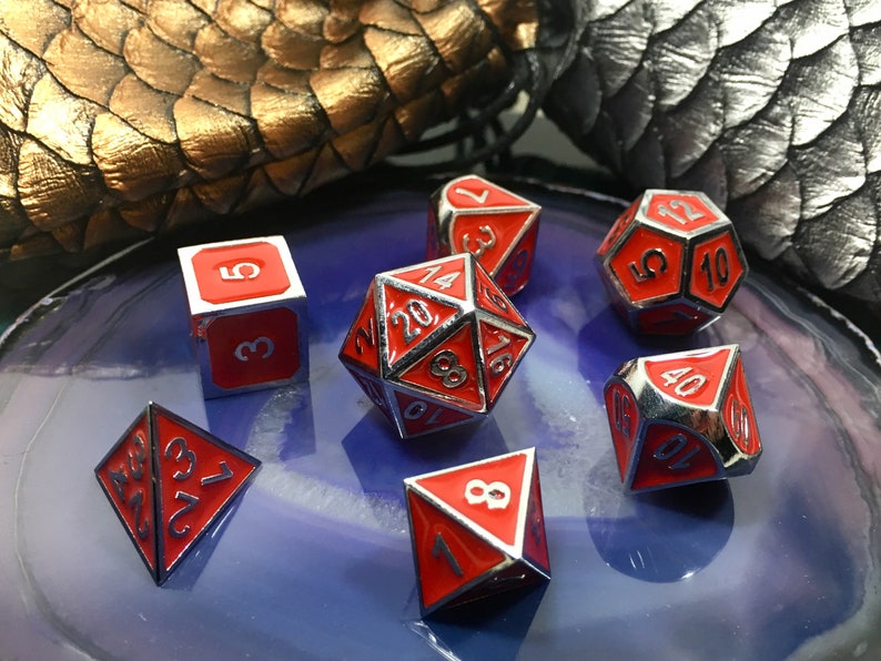 D&D Silver and Red METAL Dice 7 Piece Set Bag d20 d12 d10 d% | Etsy