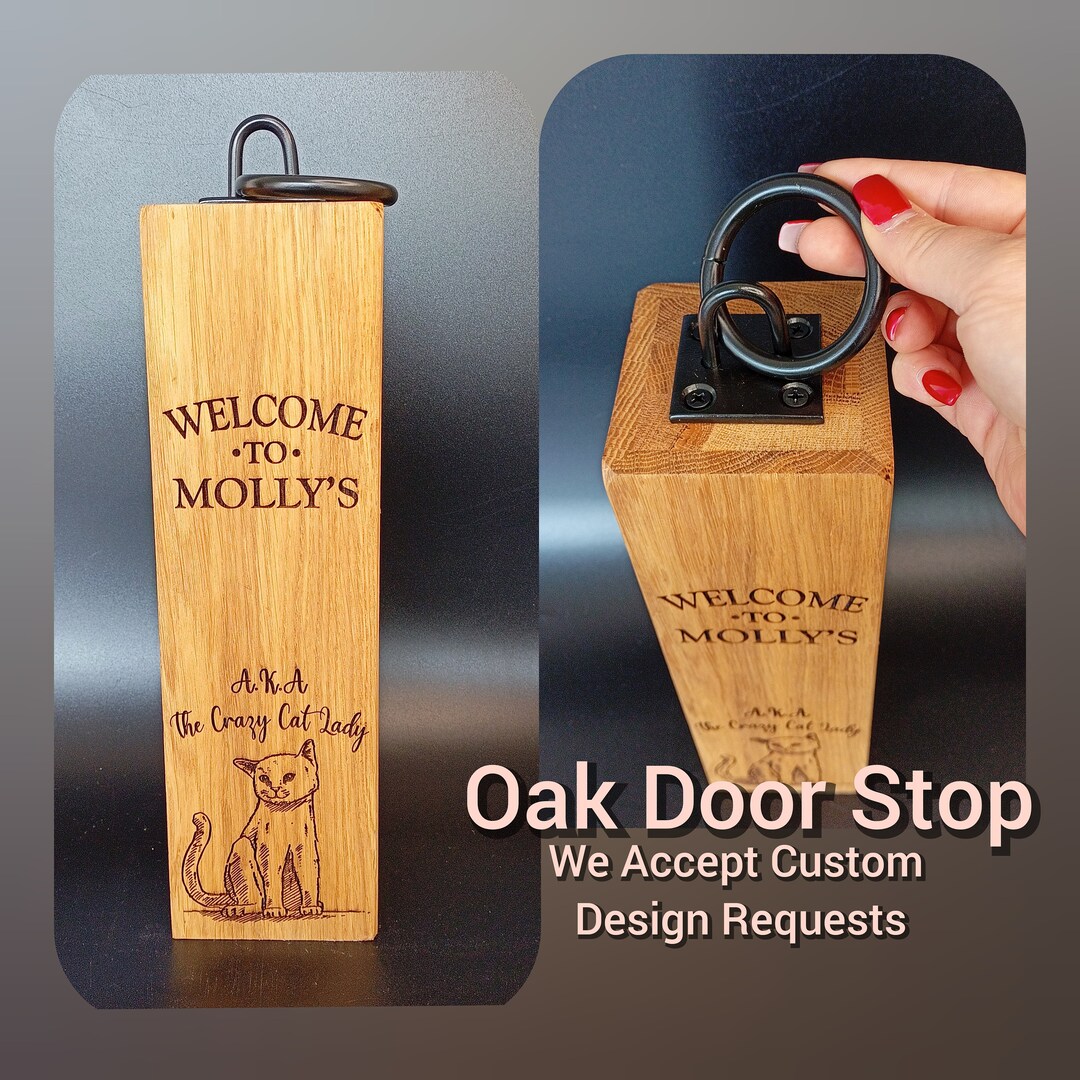 Door Stop - Personalised Solid Oak Heavy Door Stop With Metal Ring Cat ...