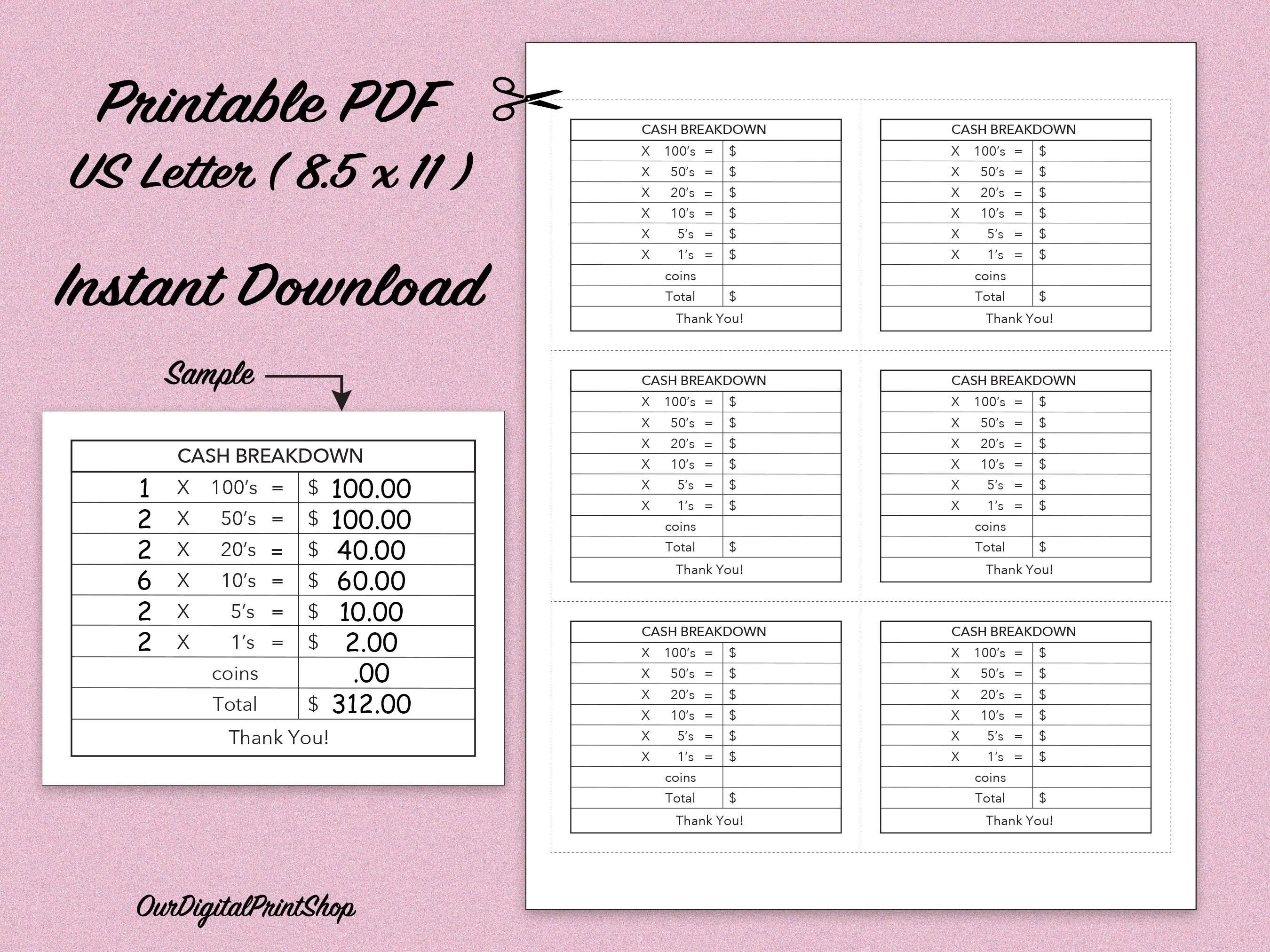 Cash Breakdown Bank Slip - Etsy