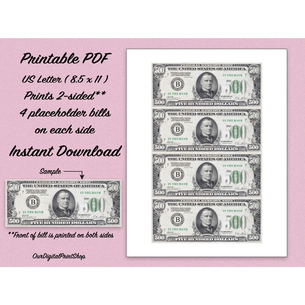 Printable 500 Dollar Bill - Etsy