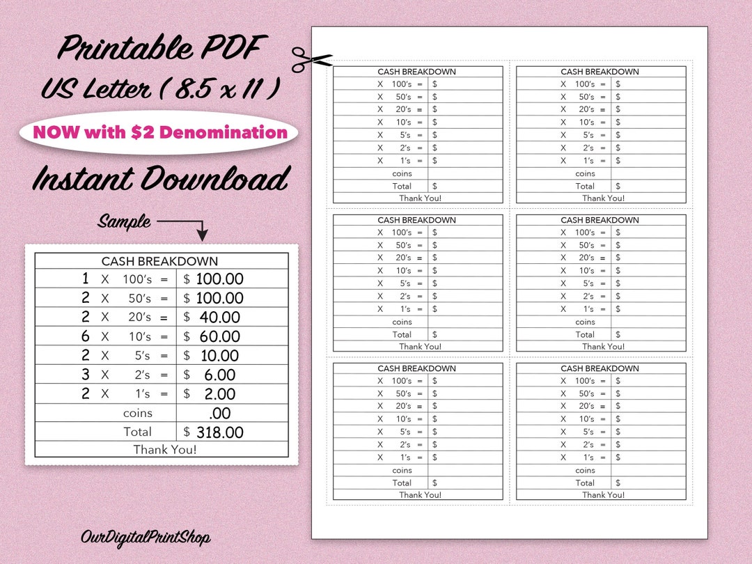 Cash Breakdown Bank Slip With 2 Dollar Denomination - Etsy