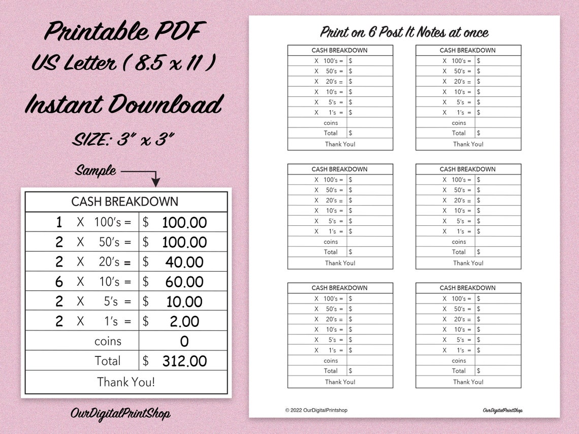 Cash Breakdown Printable Post It Note Sticky Note Template 3 - Etsy