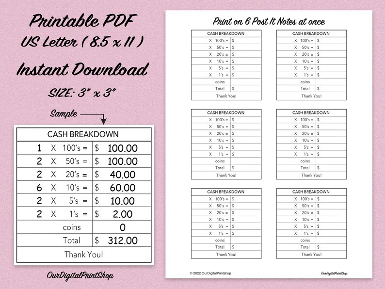 Cash Breakdown Printable Post It Note Sticky Note Template 3 - Etsy