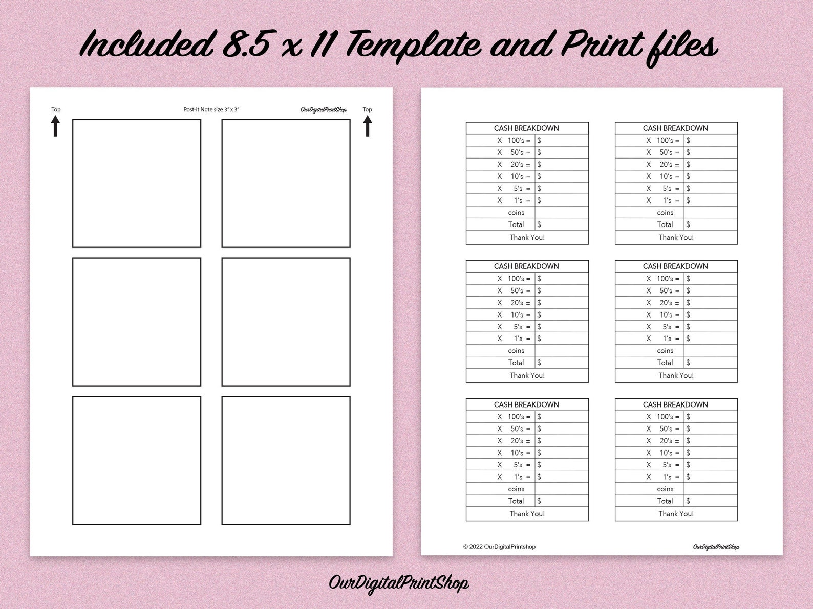 Cash Breakdown Printable Post It Note Sticky Note Template 3 Inch X 3 ...