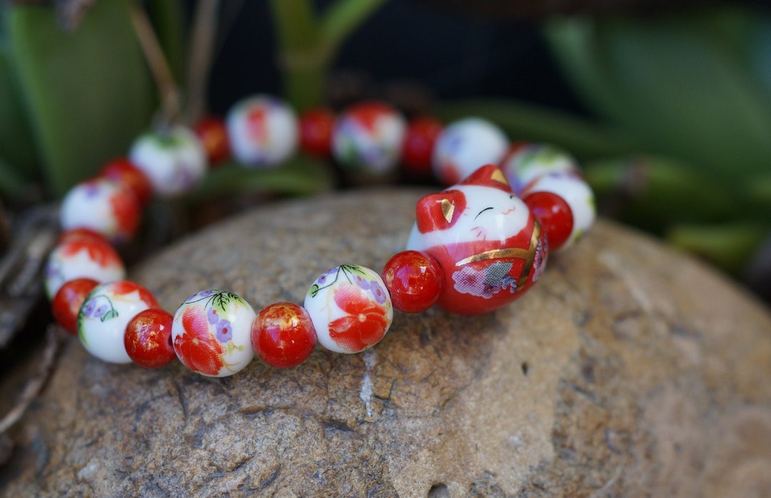 Bracelet maneki Neko lucky Cat Red Model 2 Golden-red Tinted Quartz 6mm ...