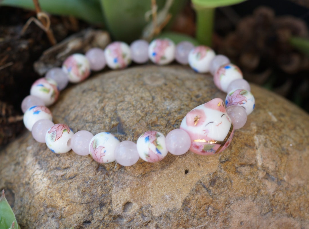 Bracelet maneki Neko lucky Cat Pink Rose Quartz 6mm Beads and Ceramic ...