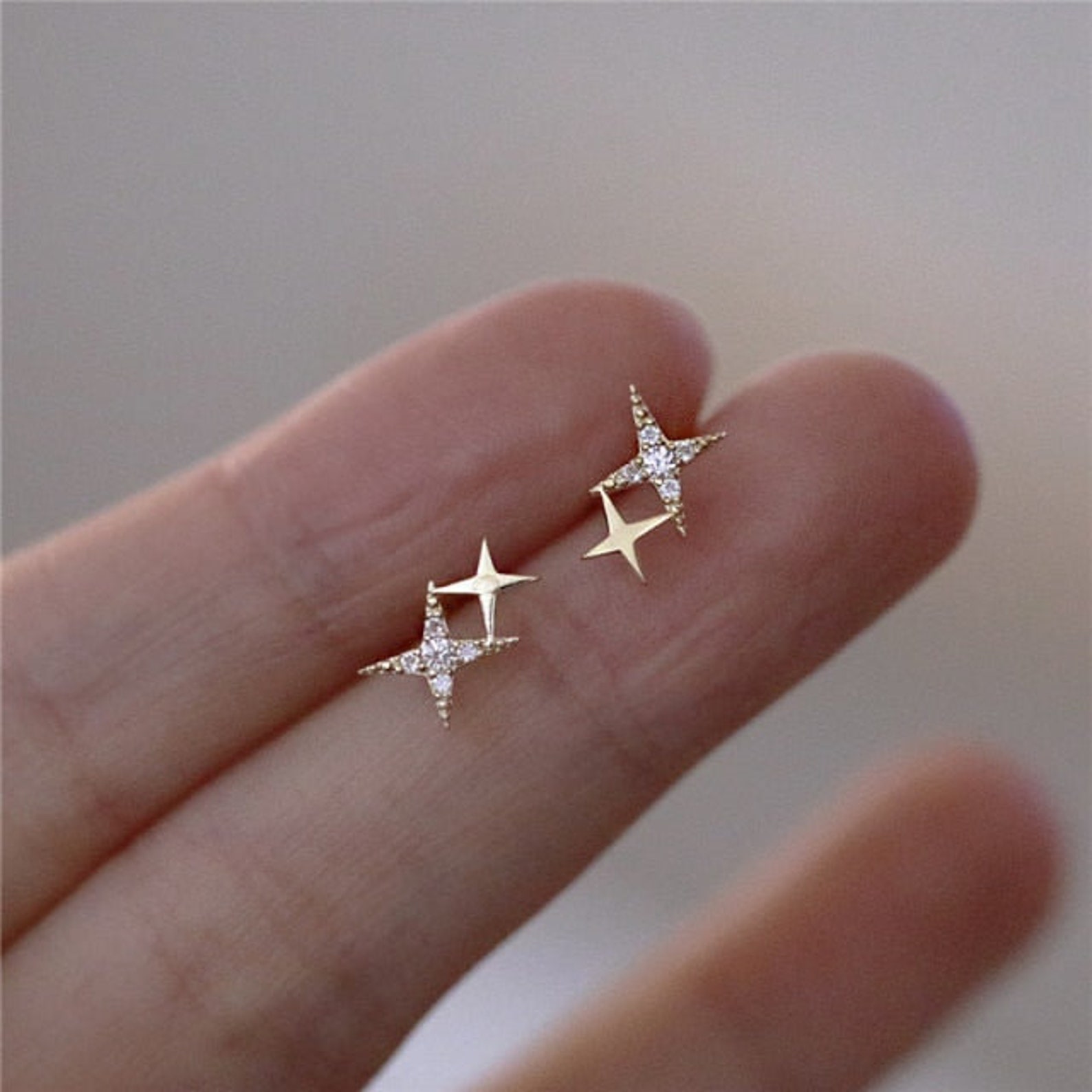 14K Celestial Earrings-14k Solid Gold Star Studs - Etsy