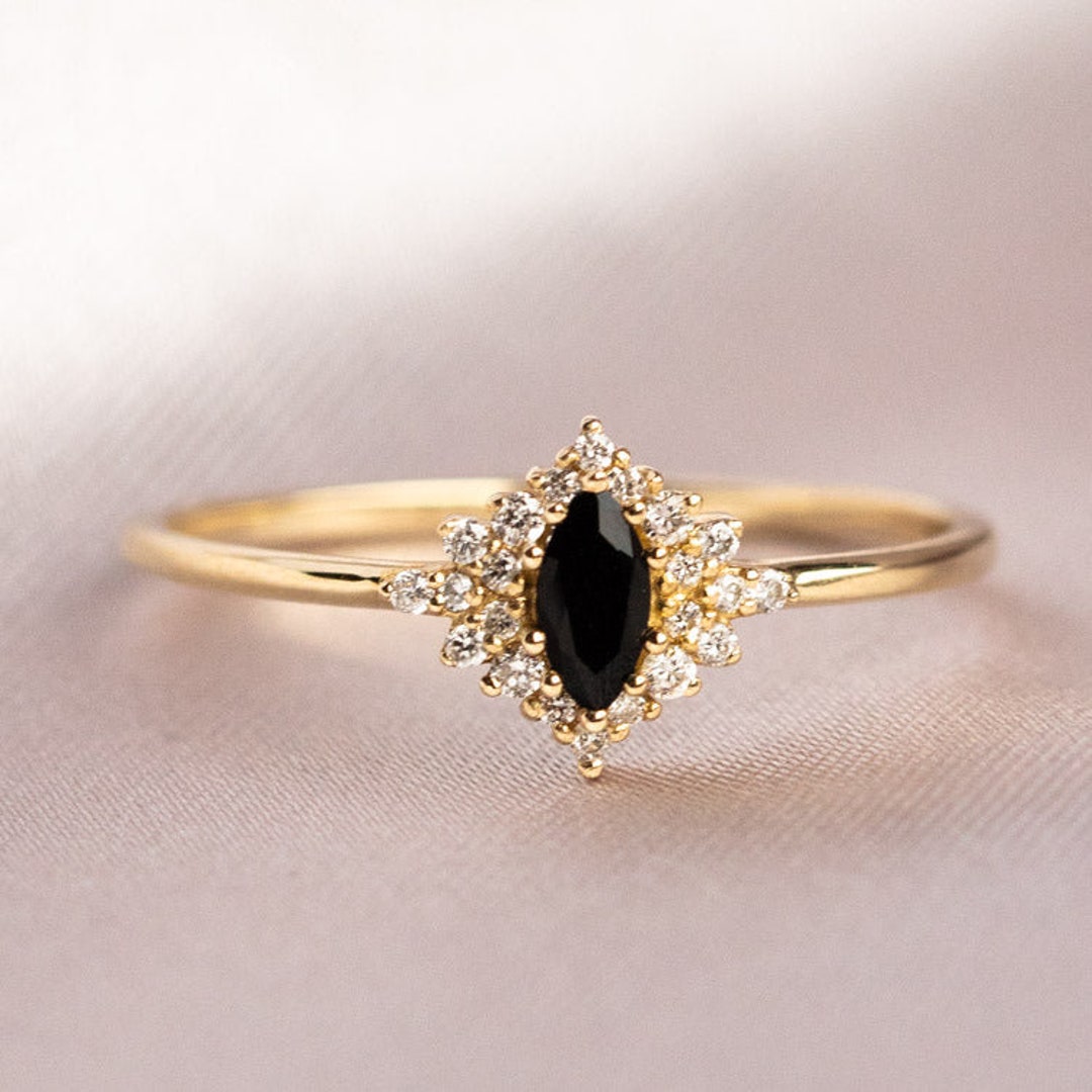 Black Onyx Ring, Marquise Cut Onyx Ring,925 Sterling Silver Ring-14k ...