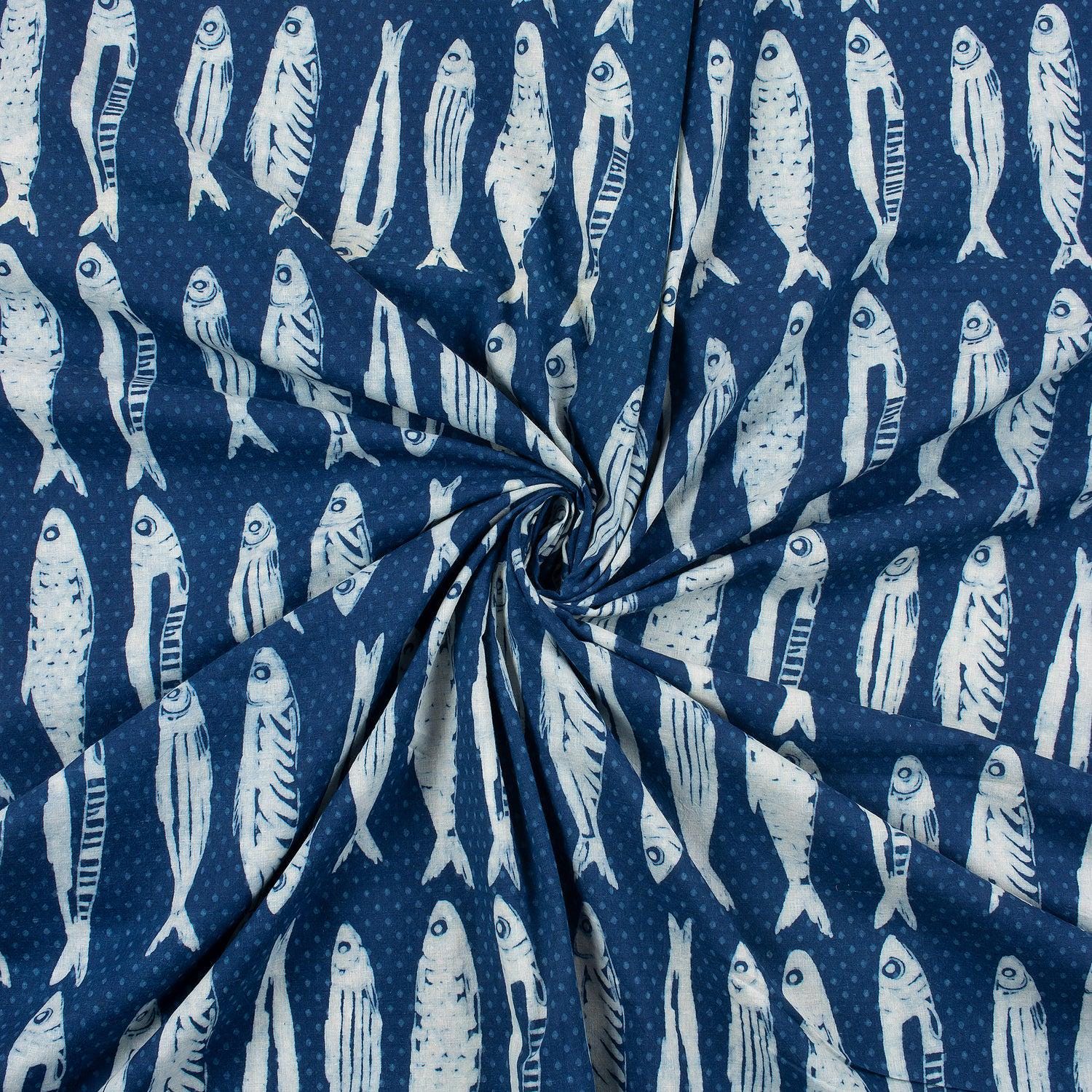 Indigo Blue Fish Print Cotton Fabric - Hand Block Indian Textile Fabric ...