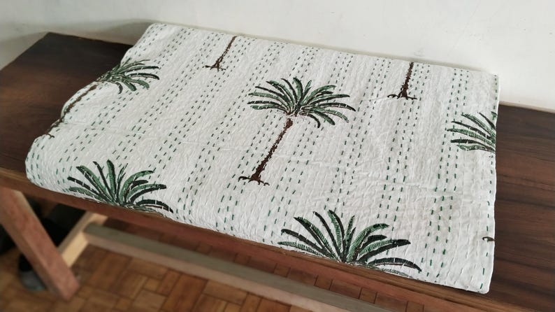 Indian Queen Size Cotton Kantha Quilt: Green Tree Hand Block Printed ...