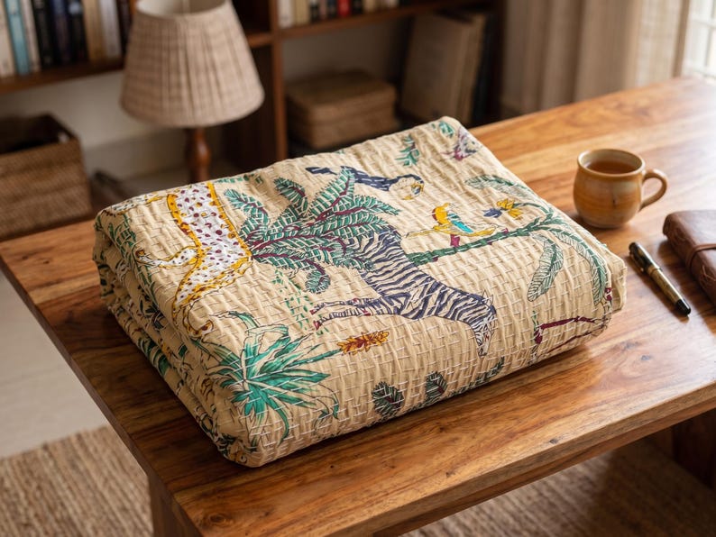 Indian Handmade Jungle Printed Kantha Quilt: KING Size Cotton Throw ...