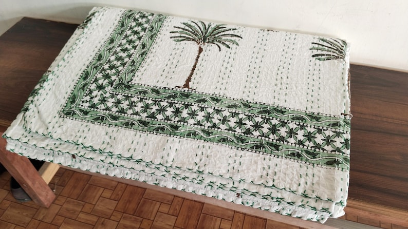 Indian Queen Size Cotton Kantha Quilt: Green Tree Hand Block Printed ...