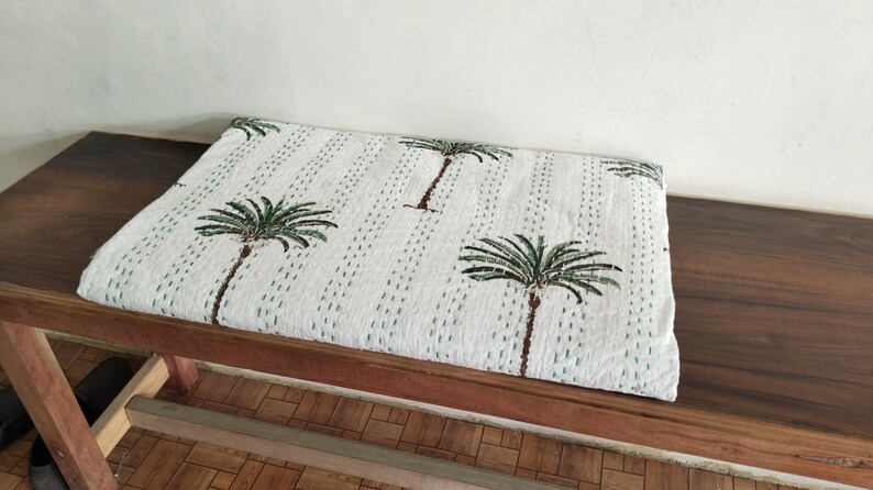 Indian Queen Size Cotton Kantha Quilt: Green Tree Hand Block Printed ...