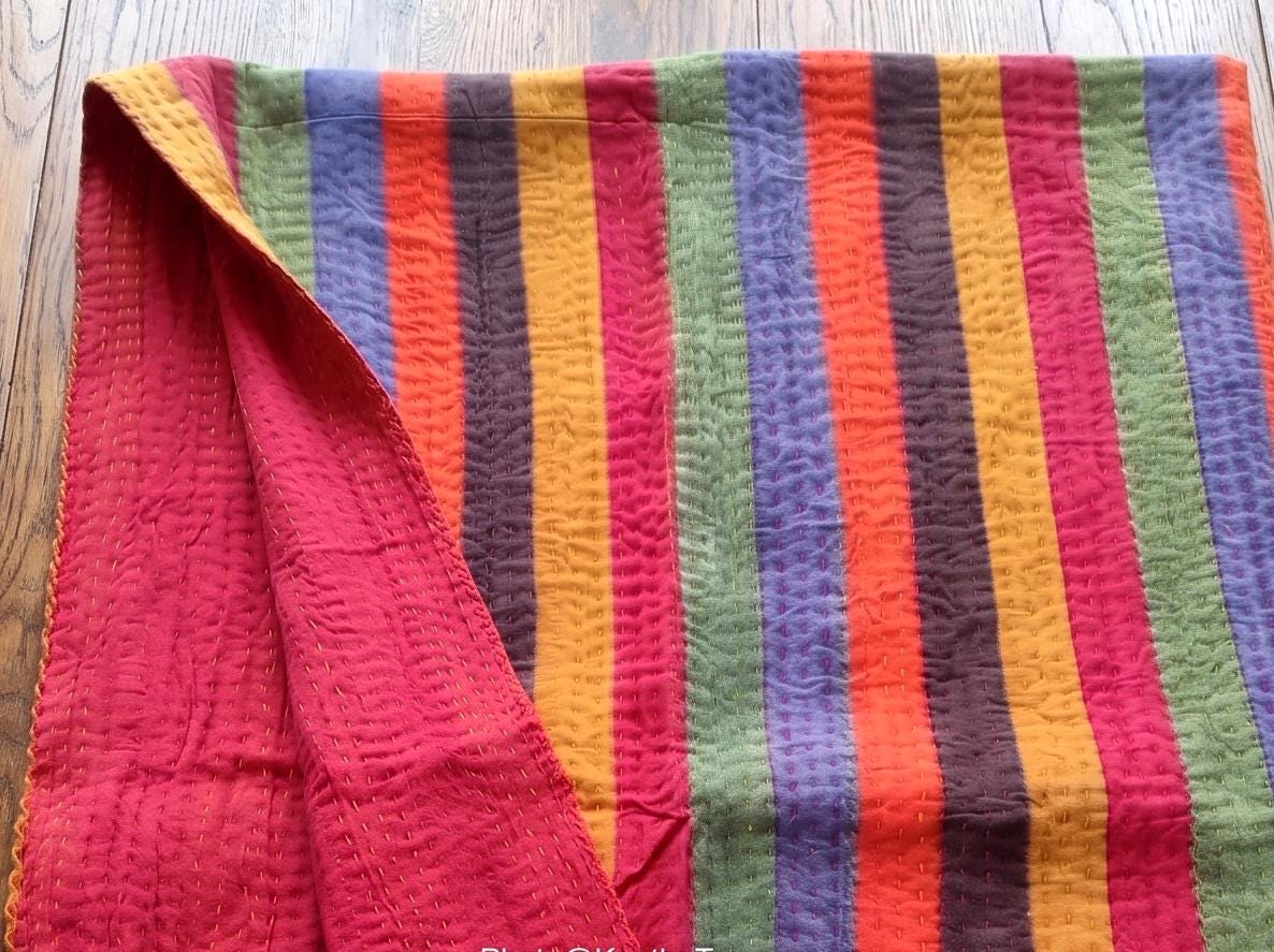 Multi-color Striped Patchwork Cotton Blanket, Bedspread Hippie Boho ...