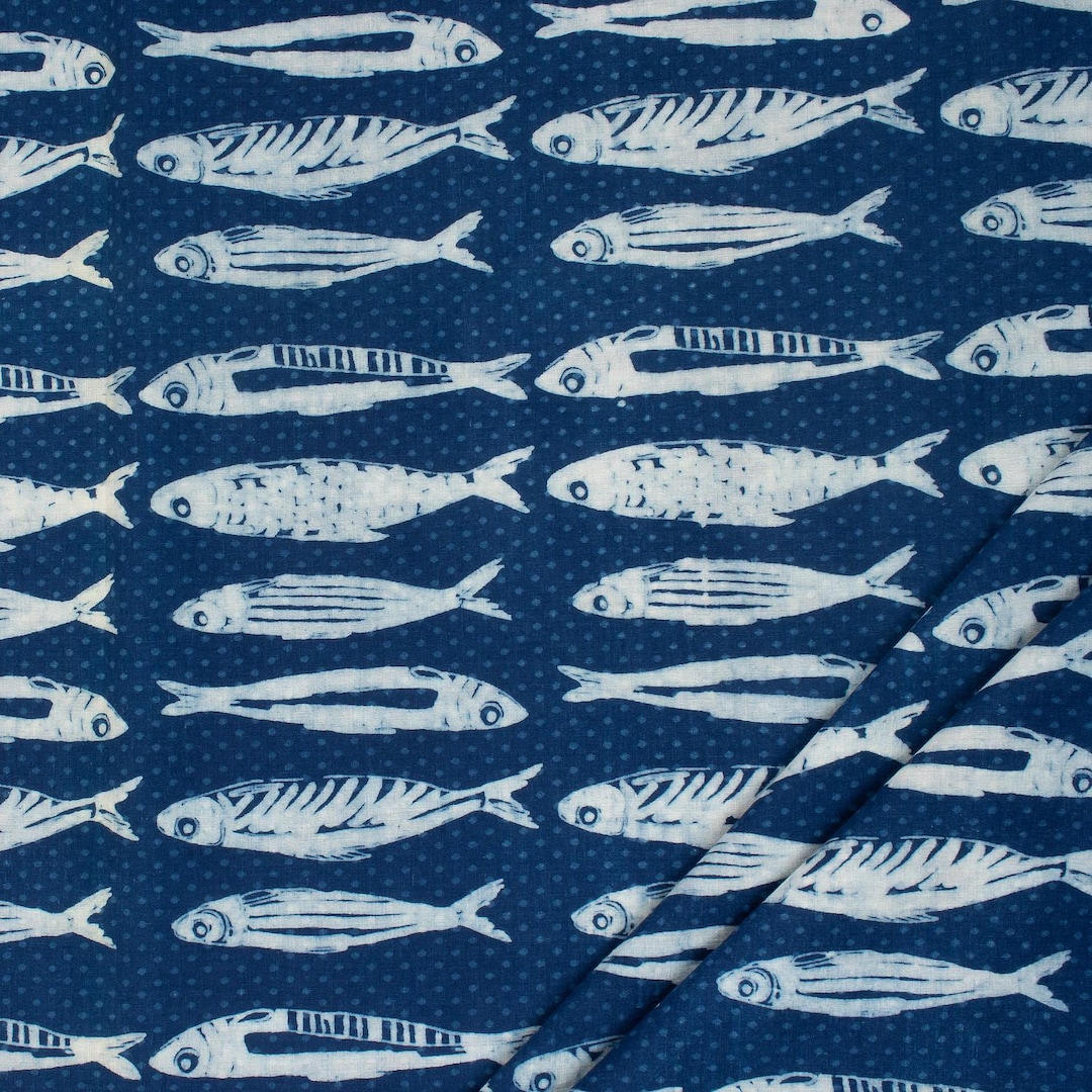 Indigo Blue Fish Print Cotton Fabric - Hand Block Indian Textile - Etsy