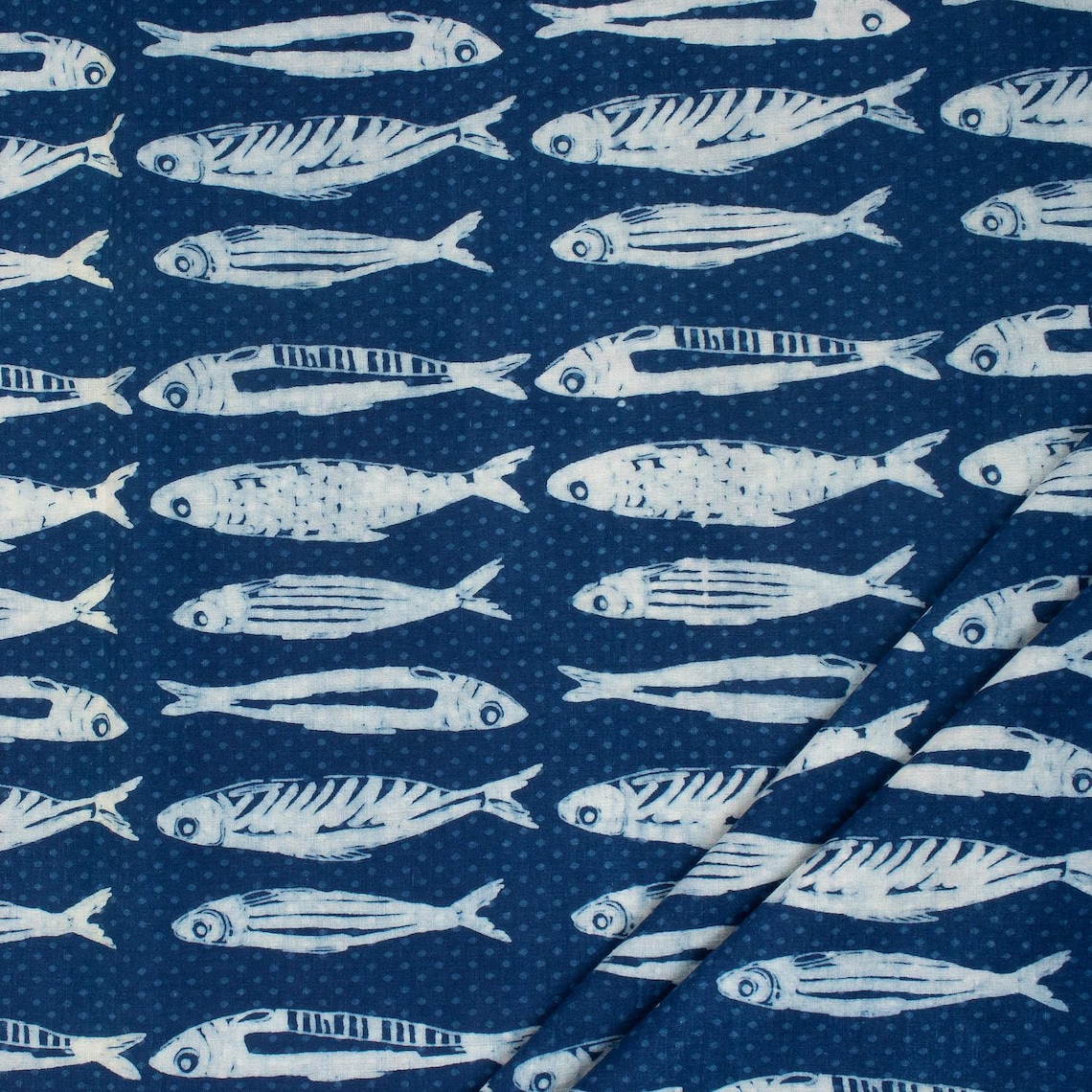 Indigo Blue Fish Print Cotton Fabric - Hand Block Indian Textile Fabric ...