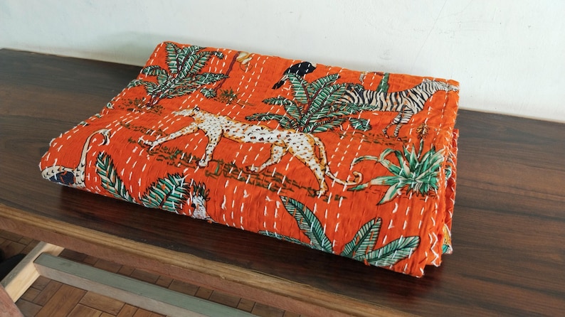 Indian Handmade Jungle Printed Kantha Quilt: KING Size Cotton Throw ...