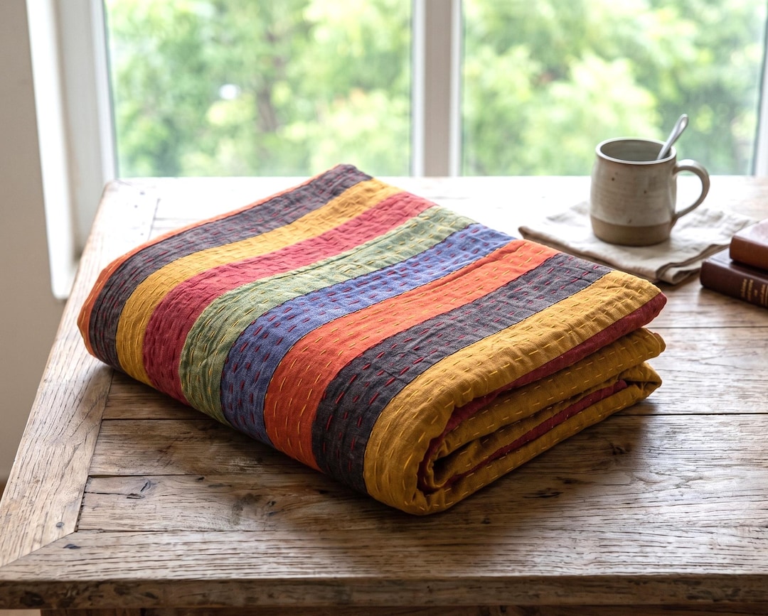 Multi-color Striped Patchwork Cotton Blanket, Bedspread Hippie Boho ...
