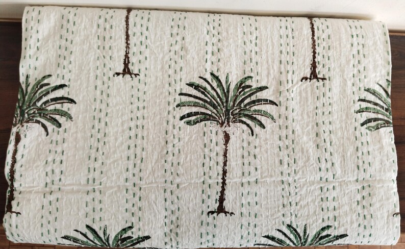 Indian Queen Size Cotton Kantha Quilt: Green Tree Hand Block Printed ...