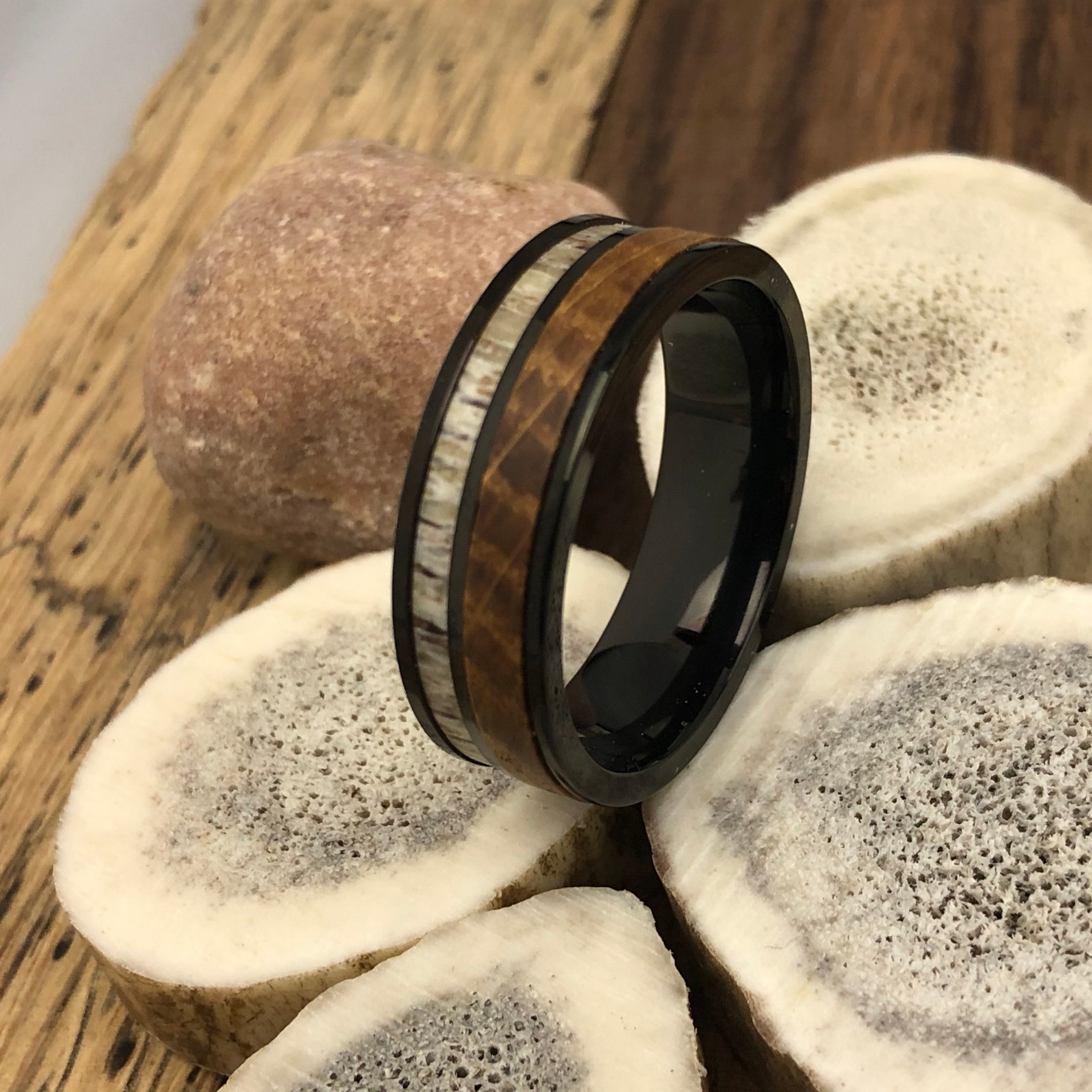 Whiskey Barrel Ring Black Titanium Whiskey Barrel Deer Antler - Etsy