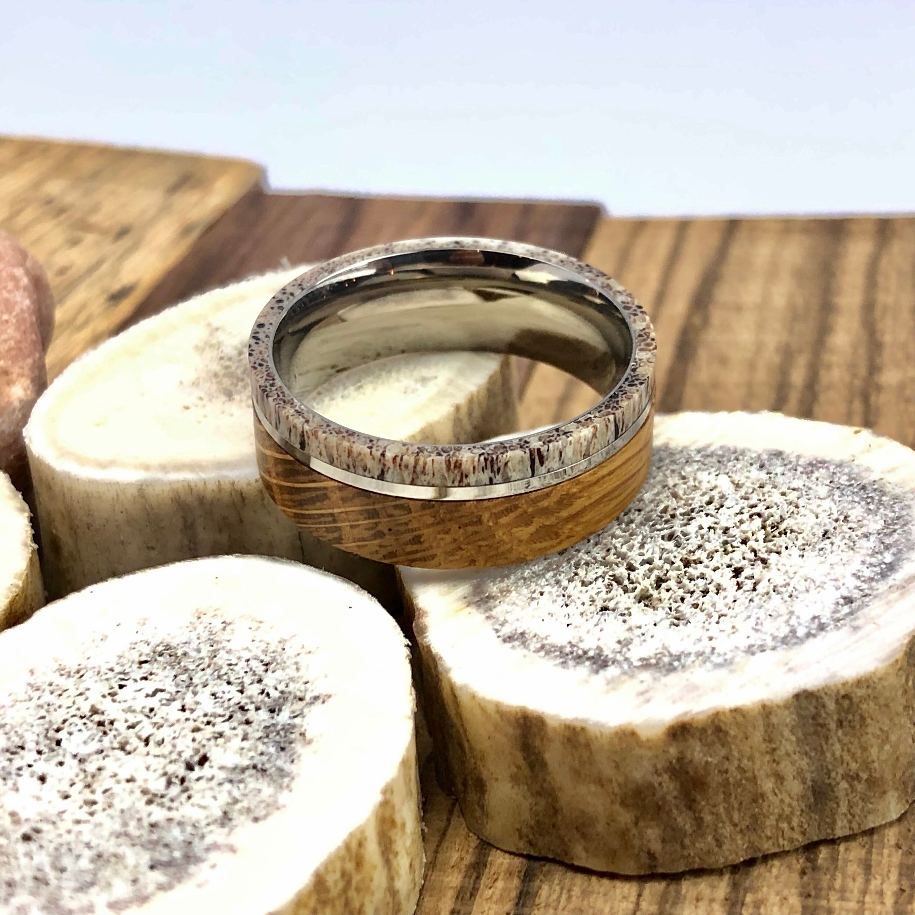 Whiskey Barrel Wedding Ring: Deer Antler Inlay, Titanium Band - Etsy