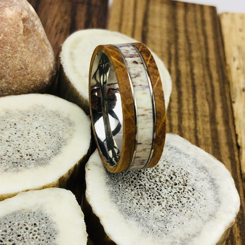 Deer Antler Ring Mens Wedding Band Whiskey Barrel Ring - Etsy