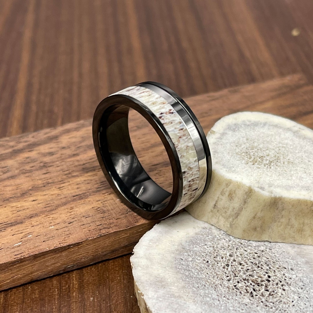 Antler Inlay Ring: Black Titanium Wedding Band, Gold Accent - Etsy