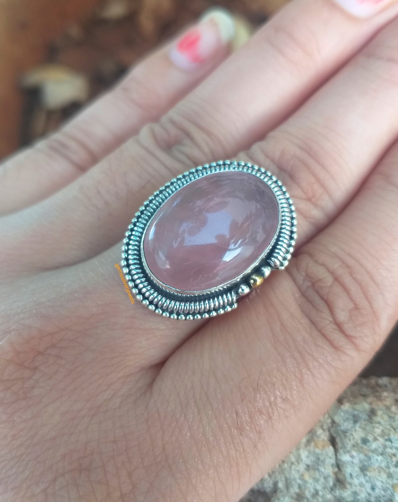 Natural Rose Quartz Ring 92.5% Silver Ring Big Oval stone | Etsy