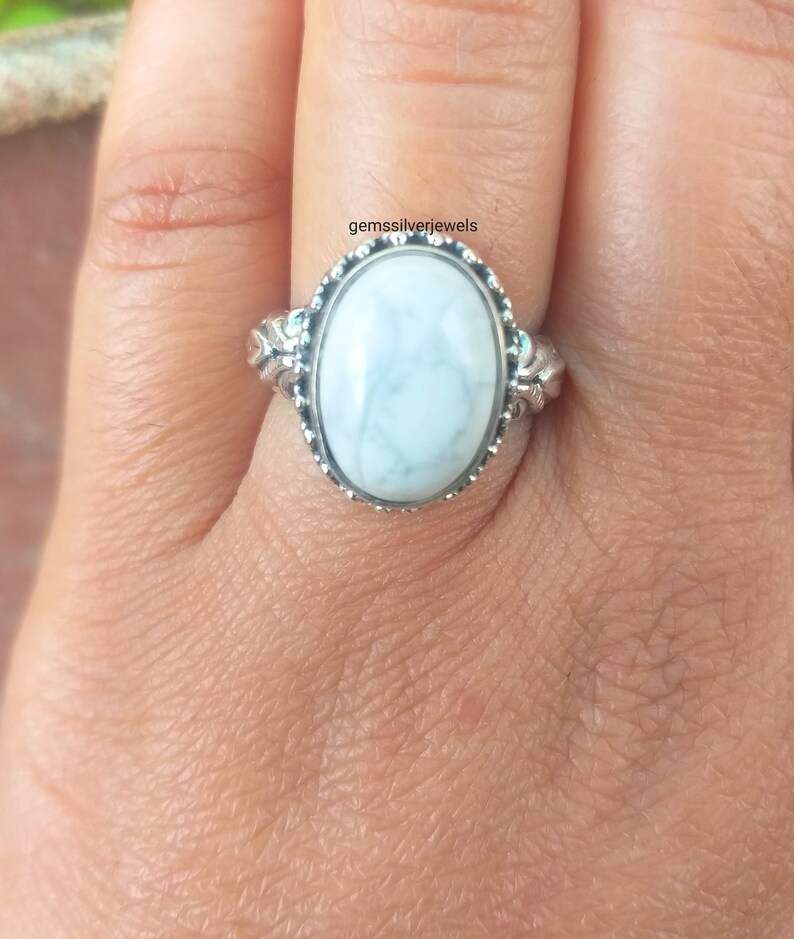White Howlite Ring 925 Sterling Silver Oval Stone Ring - Etsy