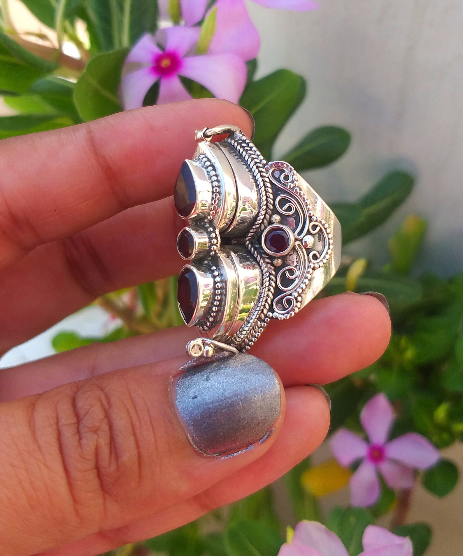 Natural Garnet Poison Box Ring 925 Sterling Silver Ring Pill - Etsy