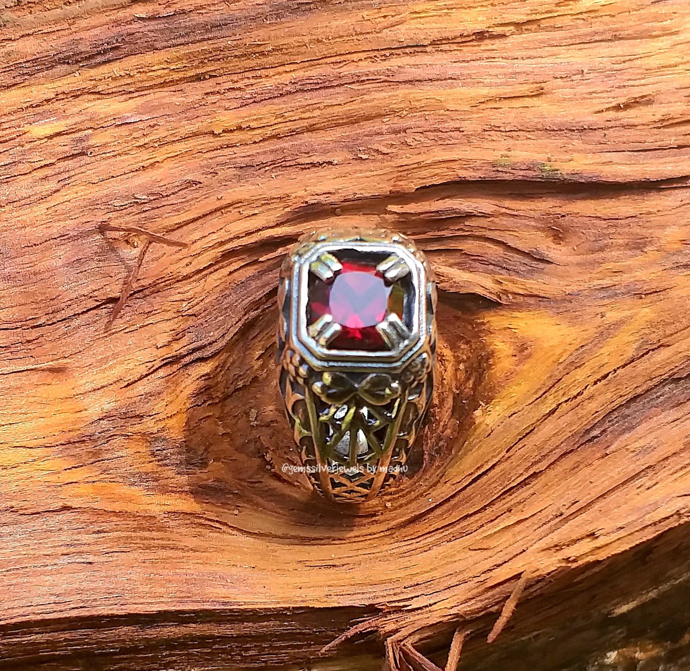 Red Garnet Ring 92.5% Silver Ring Designer Ring Wide Band | Etsy