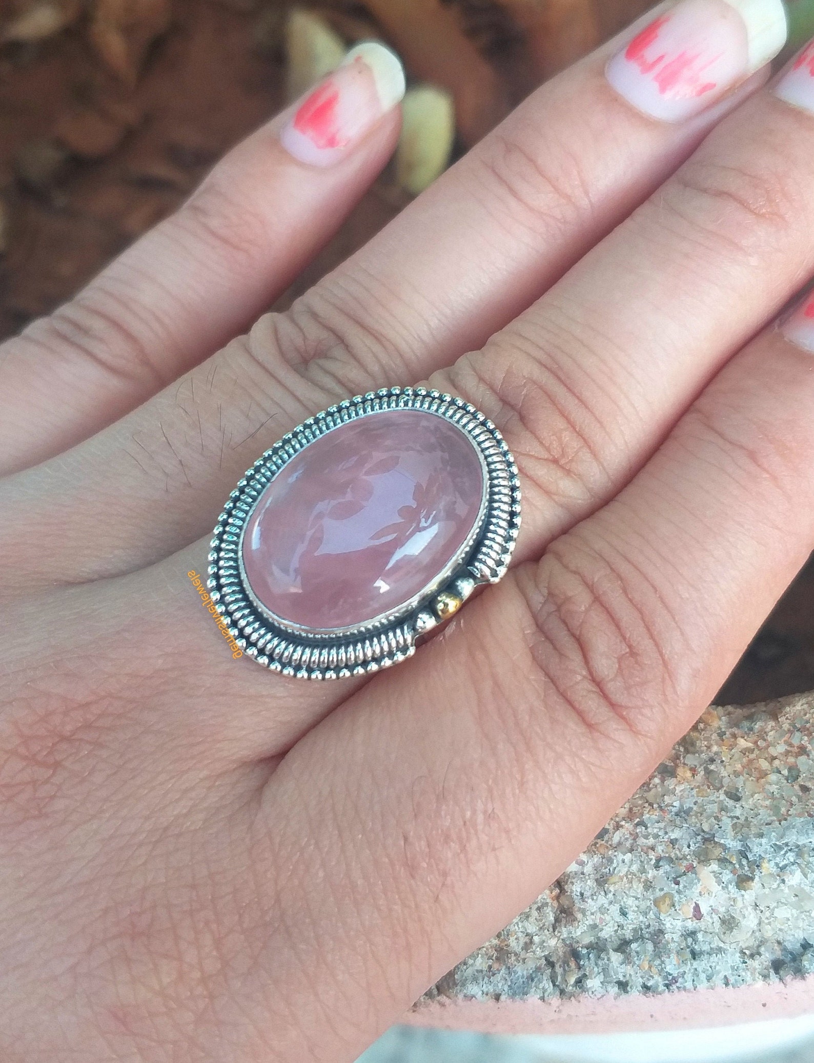 Natural Rose Quartz Ring 92.5% Silver Ring Big Oval stone | Etsy