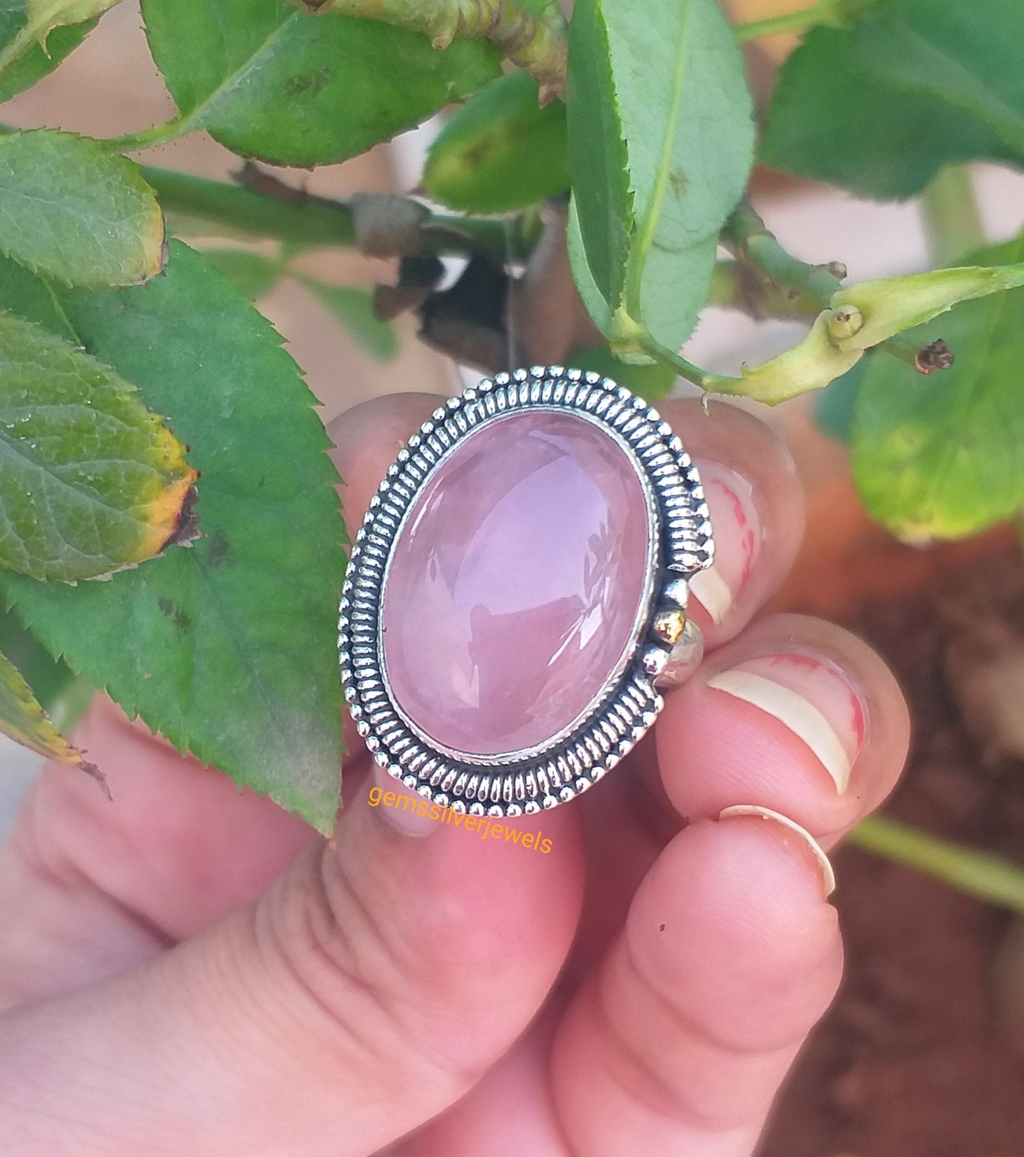 Natural Rose Quartz Ring 92.5% Silver Ring Big Oval stone | Etsy