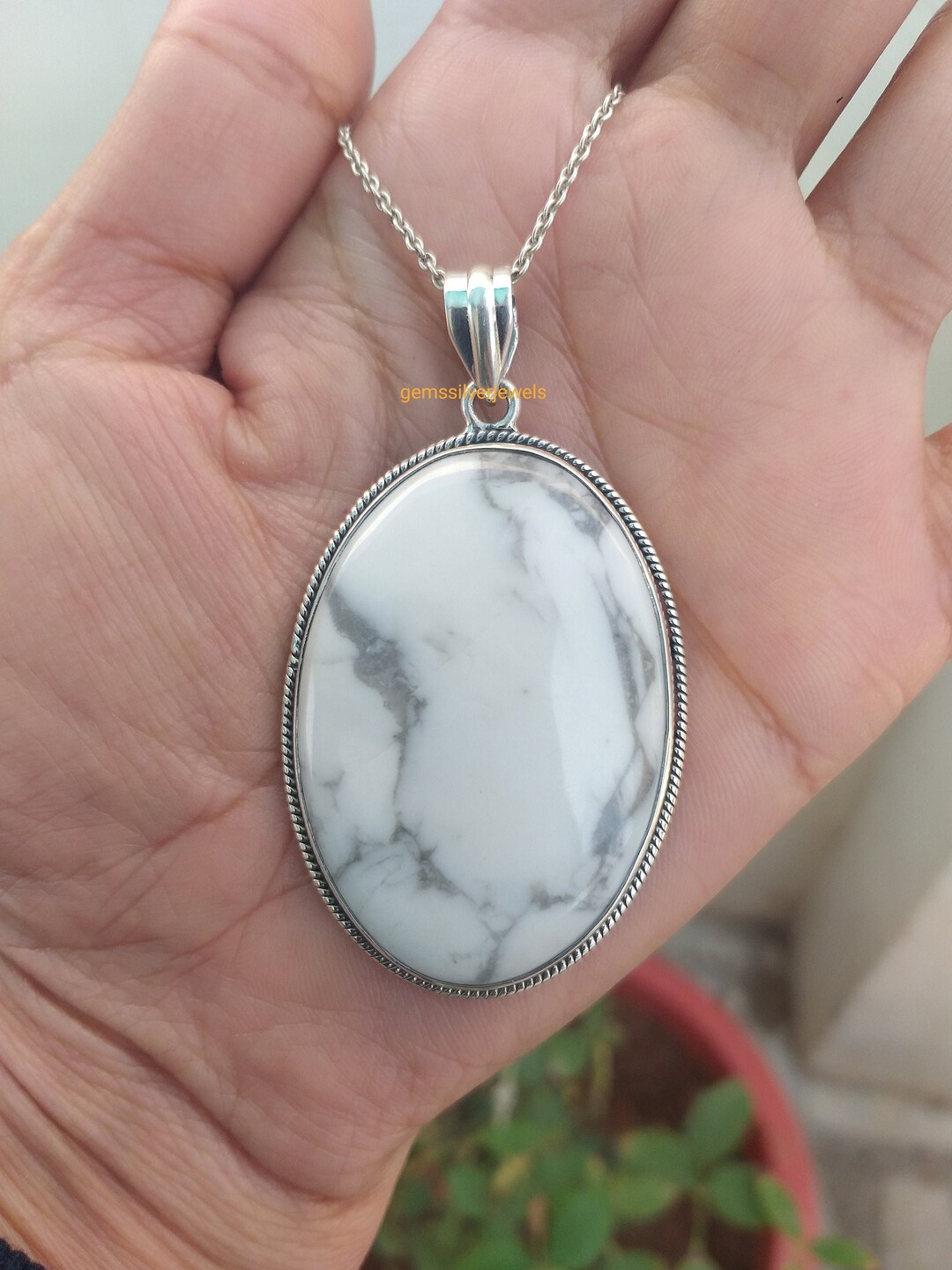 Natural Howlite Pendant, 925 Silver Pendant, White Buffalo Pendant ...